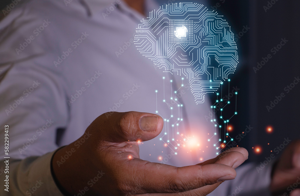 Hand holding human head with a line brain network technology for global ...