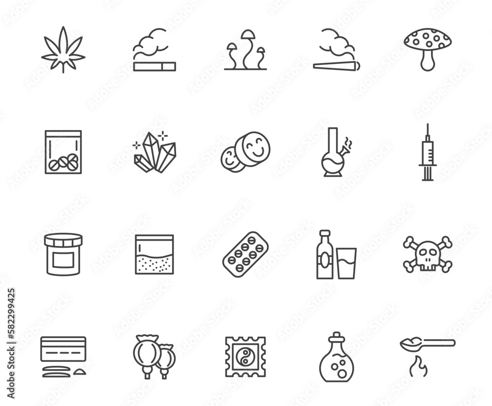 Drugs smoke line icon set. Marijuana alcohol drug addict weed lsd skull ...