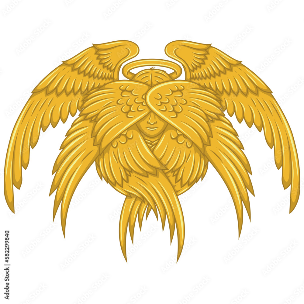 Vector design of seraph with six wings, angelic face of catholic ...