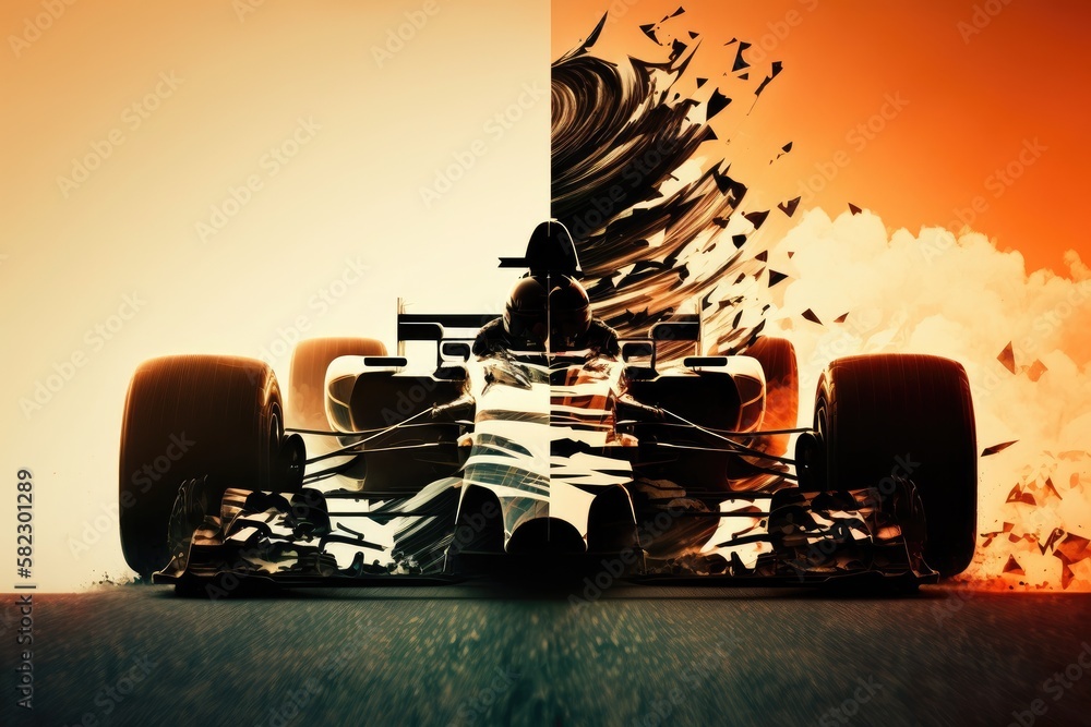 racing car on race track in front of setting sun double exposure ...