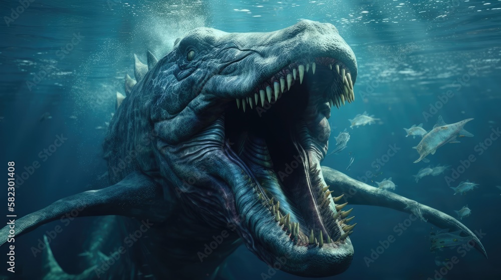 Sea monster open its mouth with teeth, fantasy underwater creature ...
