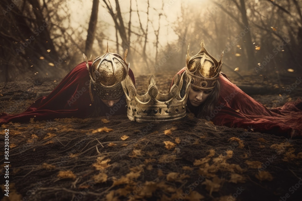 On the ground is a golden crown. fallen king and queen. Illustration in ...