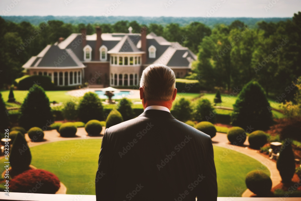 A successful, ultra-rich businessman gazes at his stunning mansion ...