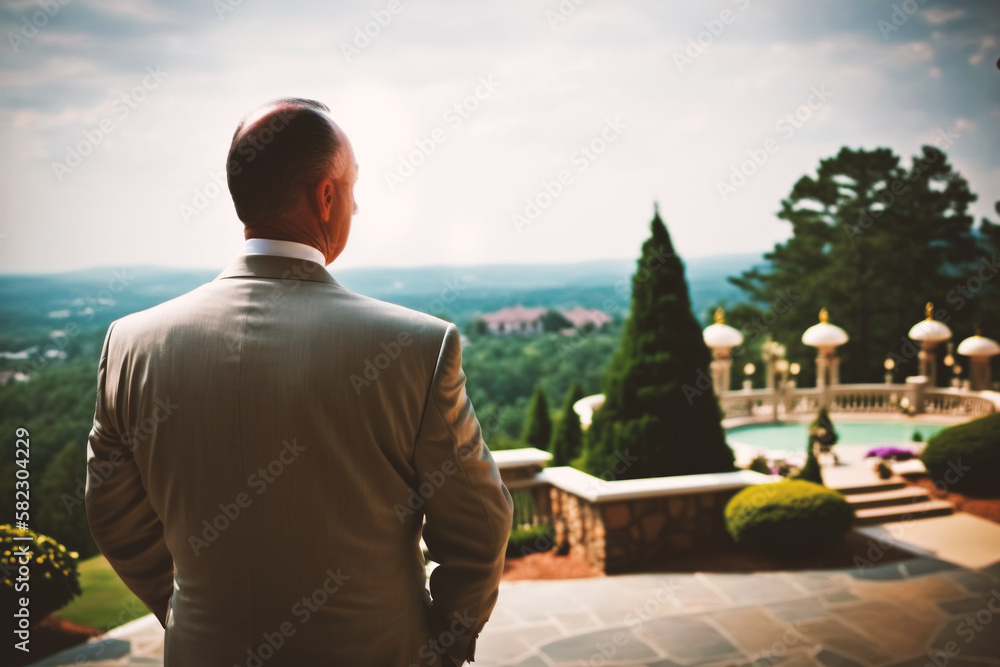 A successful, ultra-rich businessman gazes at his stunning mansion ...