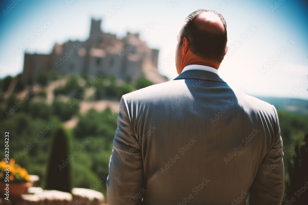 A successful, ultra-rich businessman gazes at his stunning mansion ...