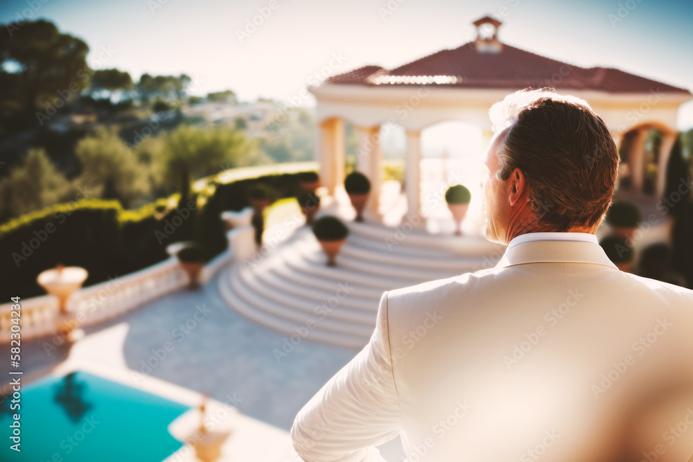 A successful, ultra-rich businessman gazes at his stunning mansion ...