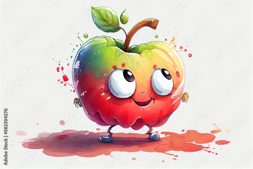 Watercolor Illustration of a Cute Cartoon Apple Character With Room For ...