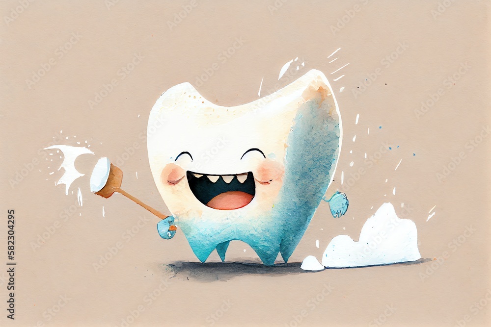 Watercolor Illustration of a Cute Cartoon Tooth Character. Generative ...