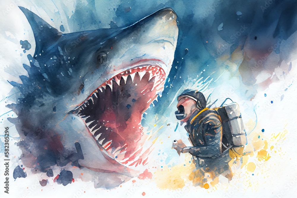 Watercolor Illustration of a Shark Attacks Scuba Diver Underwater, Open ...