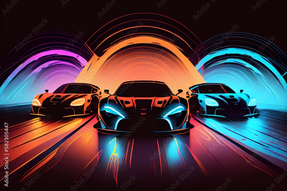 Watercolor Illustration of a Three Supercars Racing In Neon Light Tunnel. Generative AI Stock ...