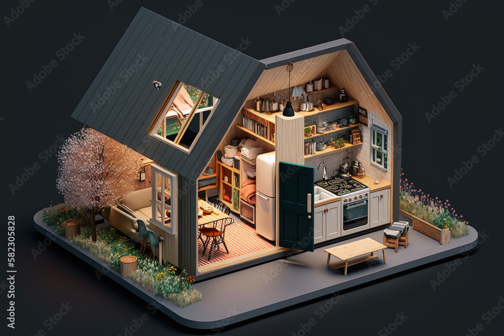 Modern 3D Tiny House Rendering on Solid Dark Background, AI generated ...