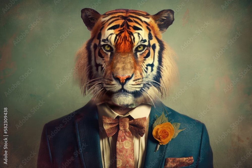 Tiger dressed up. A man with a tiger's head. Conceptual image in soft ...