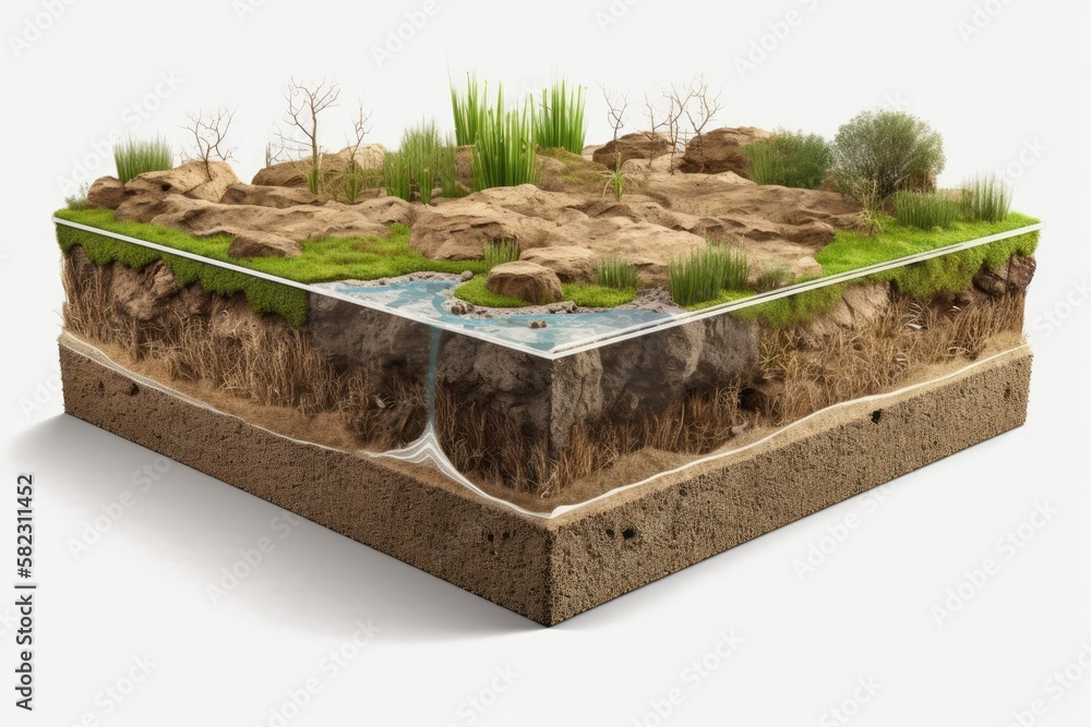 cutaway landscape surface with mud and field isolated, cubical cross ...