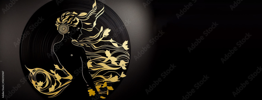 Vinyl record decorated banner with woman dancing black and white ...