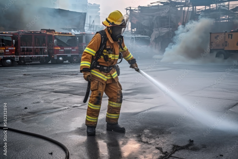 Firefighter using extinguisher or Twirl water fog type fire ...