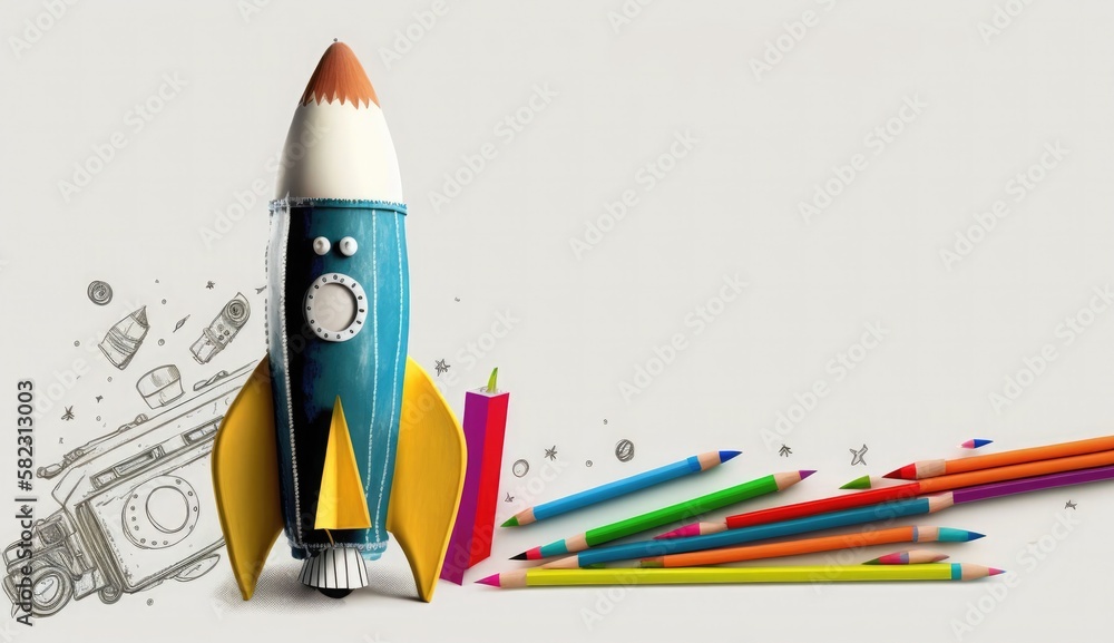 Back to school theme with a rocket with school supplies on white ...