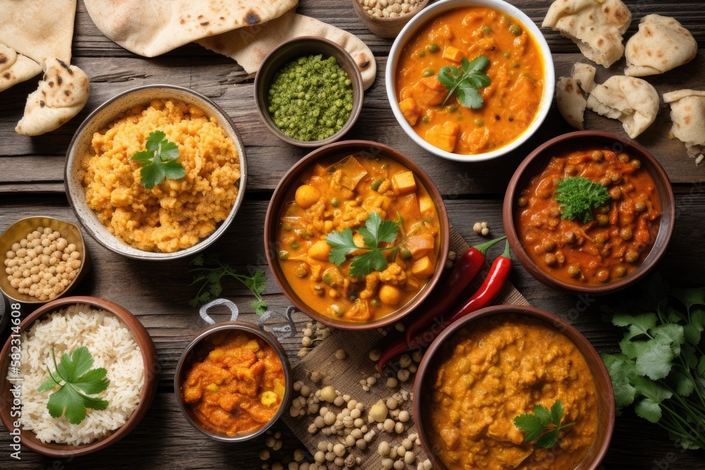 Indian food in several bowls on a background of white wood, top view ...