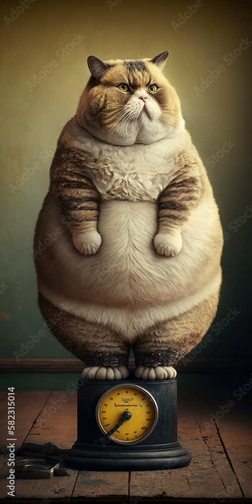 Fat cat standing on scale, concept of Obesity and Weighing Scale ...