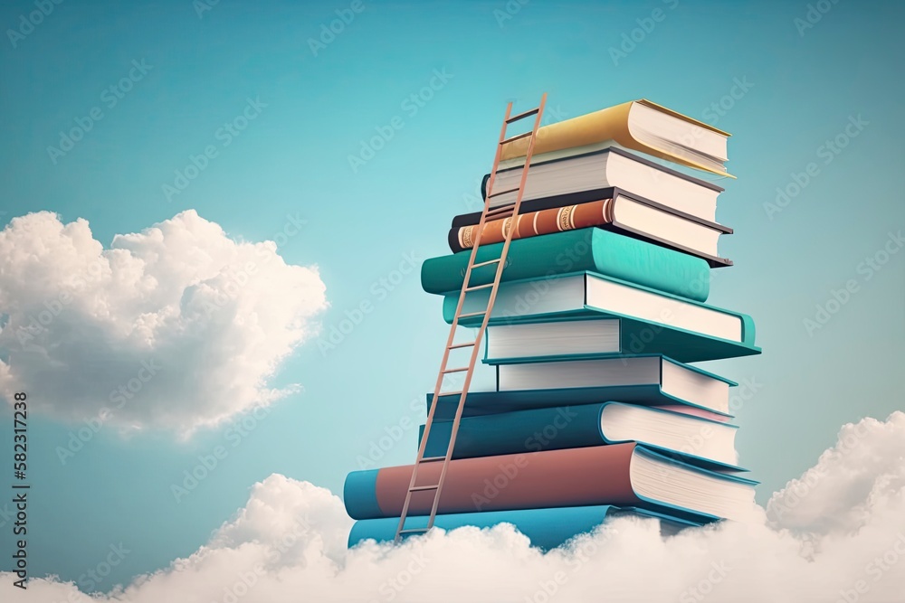 Abstract book stack with ladder on sky with clouds background. Ladder ...