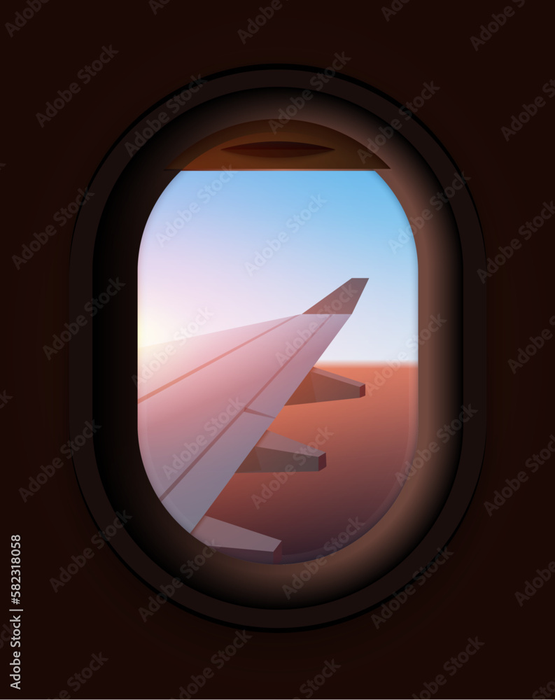 Airplane window vector inside flight interior concept. Fly window ...