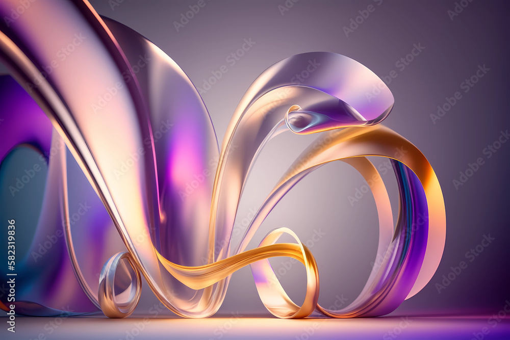 Molten metal purple glossy ribbons and stripes background. Liquid abstract shapes flow and swirl ...