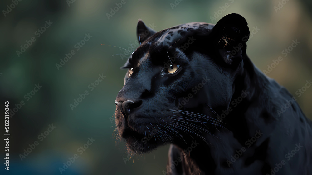 Beautiful black panther's face with striking look from his eyes, close ...