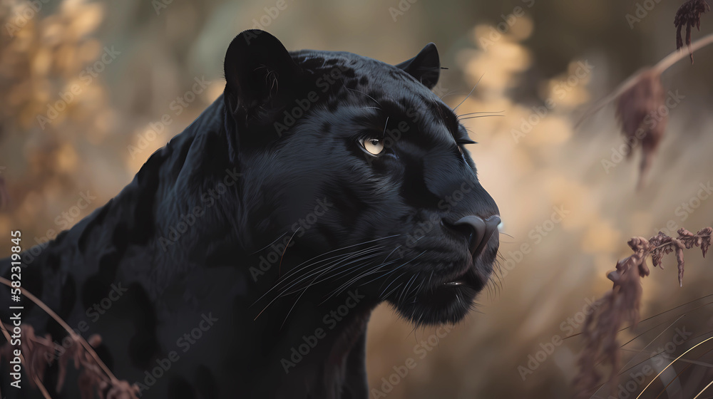 Beautiful black panther's face with striking look from his eyes, close ...