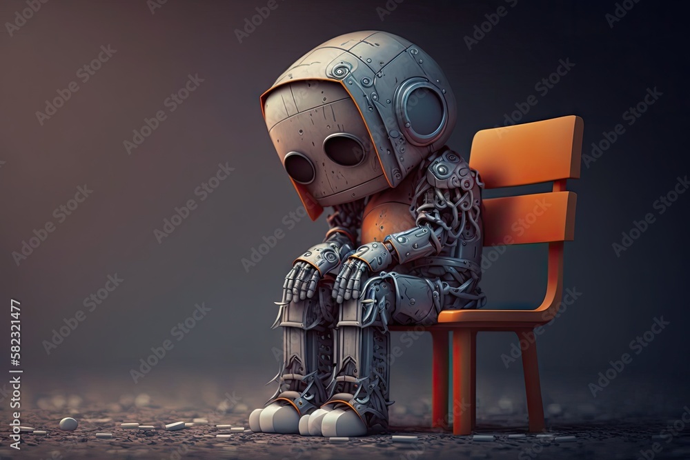 lonely sad robot sits on chair holding his hand on his face, created ...