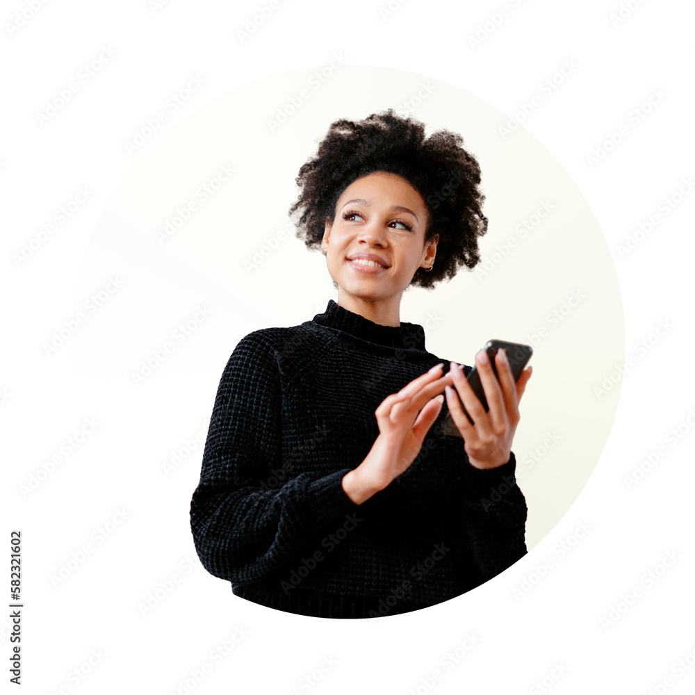 A young curly-haired millennial woman is smiling using a phone, a round ...