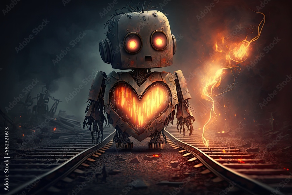 heartbroken sad robot with burning optics on dark track, created with ...