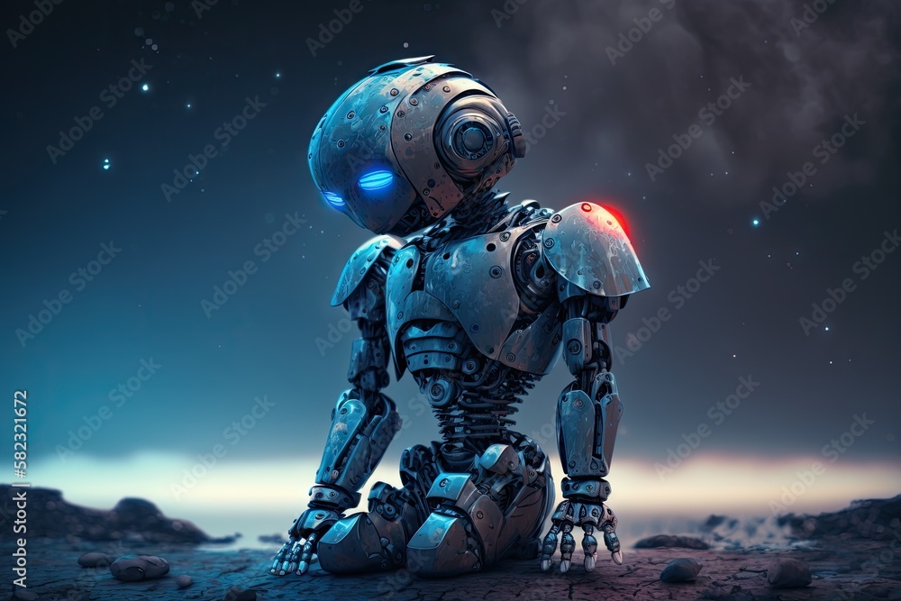 sad robot with blue lights in his body against background of dark sky ...