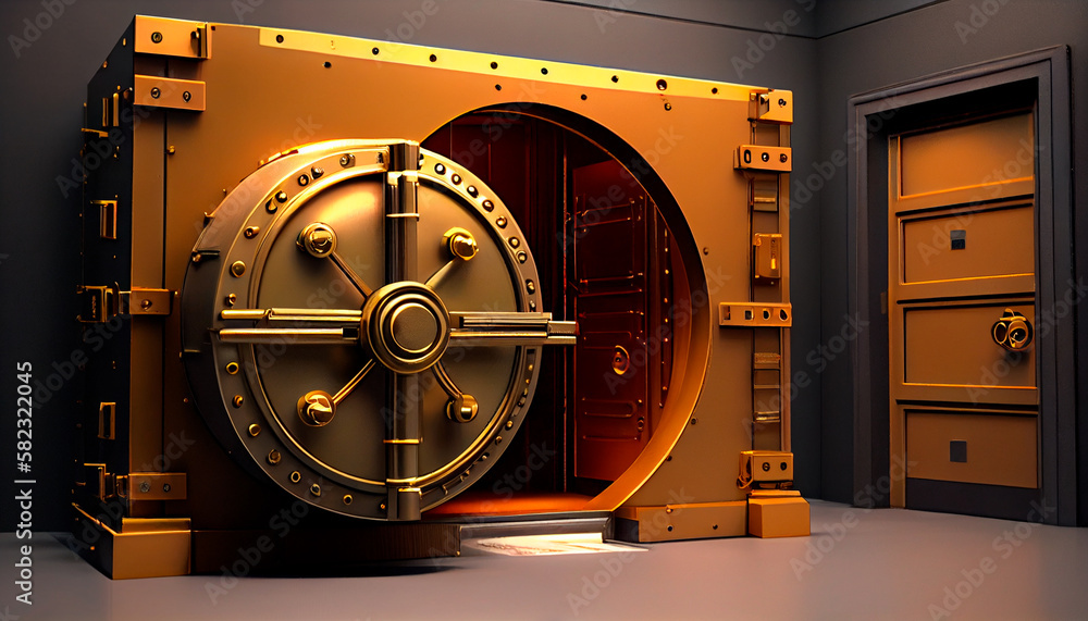 Bank vault with open door. Store Gold bar, inside in Gold vault money. Dollar and euro vault ...