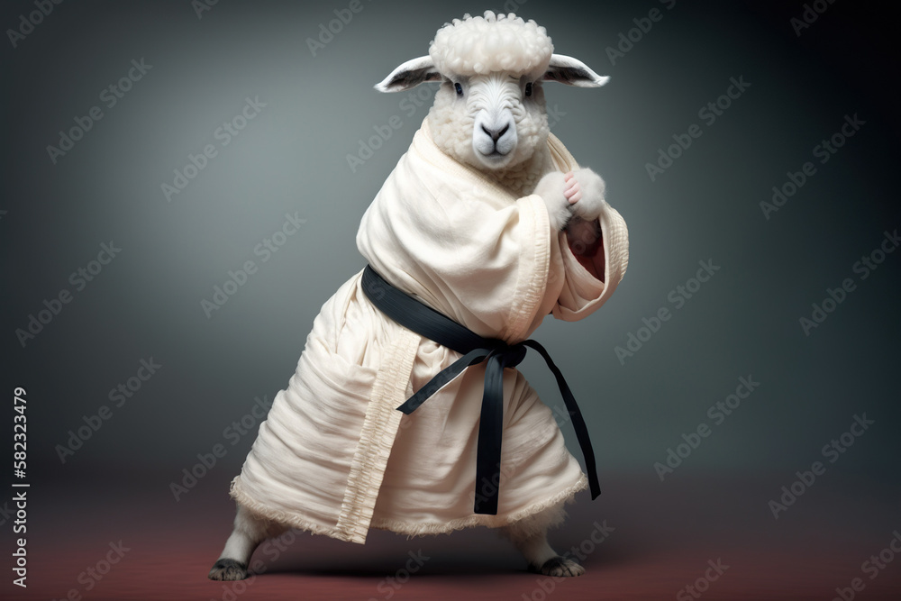 Studio portrait of lamb in white kimono doing karate, created with Generative AI technology ...