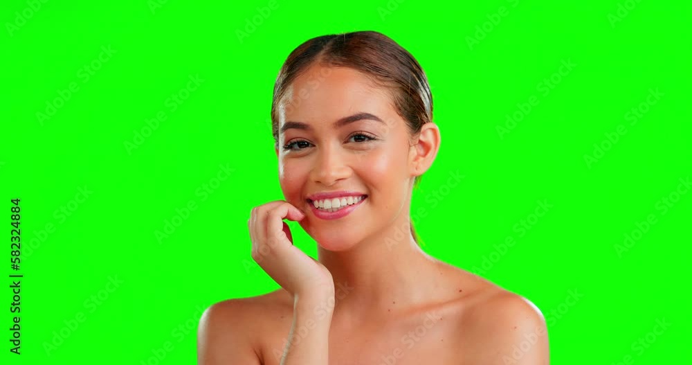 Vidéo Stock Face, skincare and woman with dermatology, green screen and ...