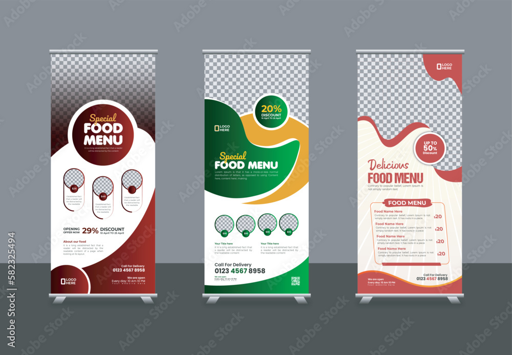 Food roll-up banner template or restaurant services promotion x stand ...