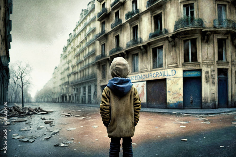 A child facing a post-apocalyptic devastated town - generative ai Stock ...