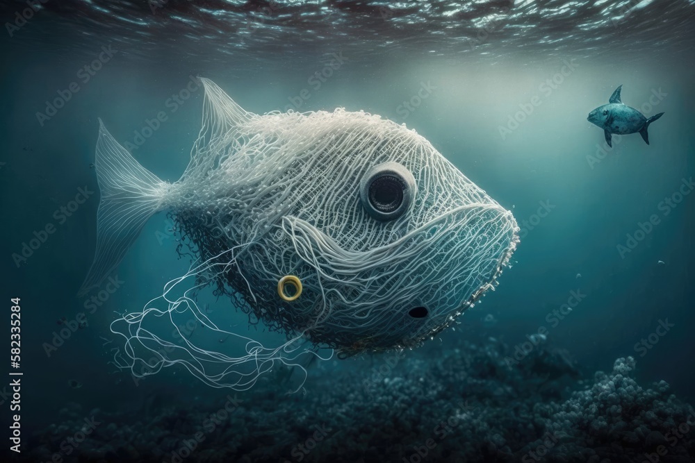 Plastic pollution Ghost Fishing Nets Wrapped Around a Fish in the Ocean ...