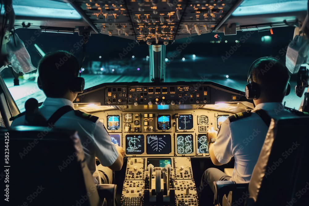 Inside cockpit on ground at an airport, both pilots are operating the ...