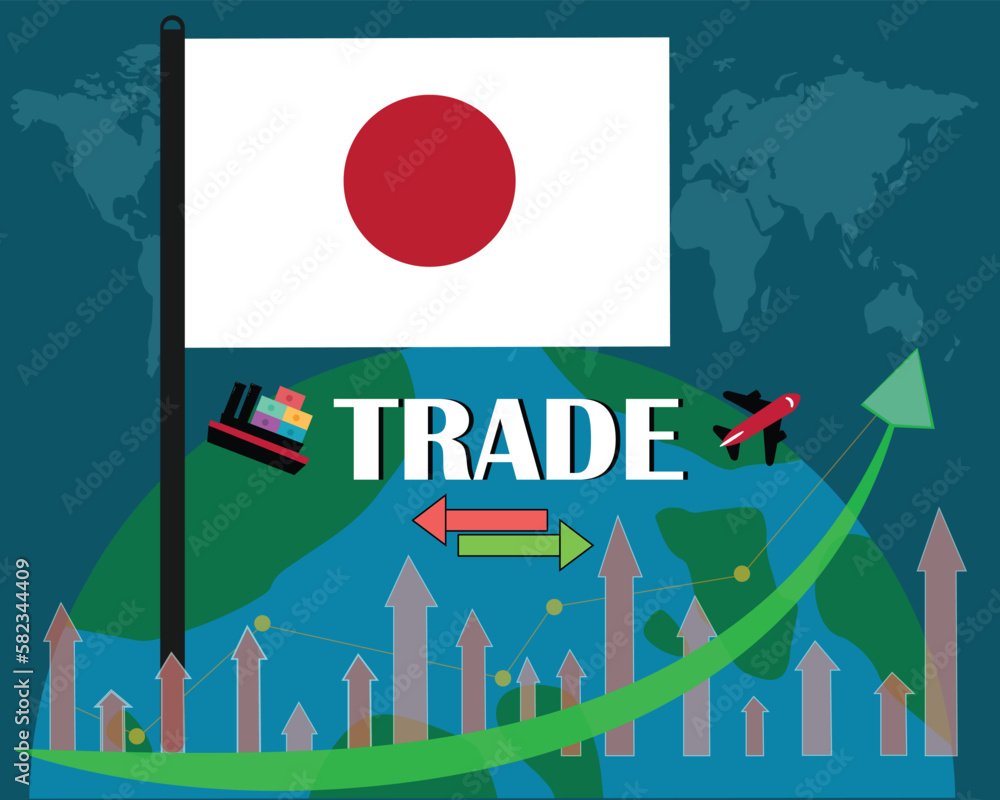 Japan flag standing with their world wise trade concept vector design. isolated on dark blue ...