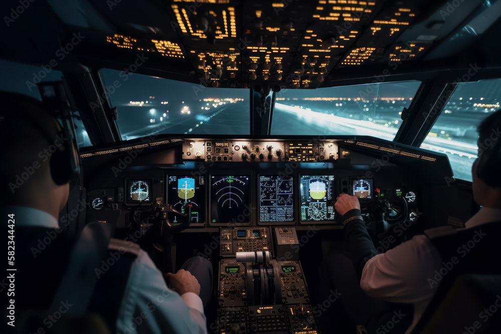 Inside cockpit on ground at an airport, both pilots are operating the ...