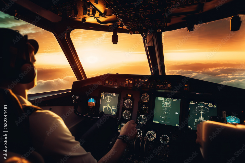 Cockpit view of modern airplane in flight during the sunset. Aircraft ...