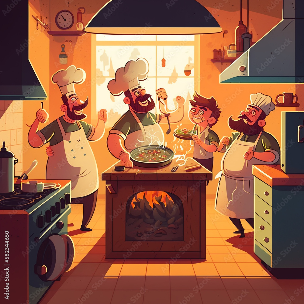 cartoon of chef cooking at home for 4 happy friends HD wallpaper Stock ...