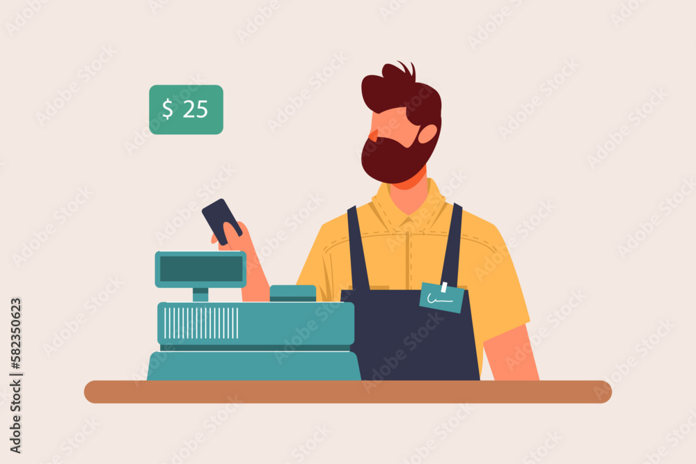 Cashier Behind Cashier Counter Flat Design Concept, Cashierman in the ...