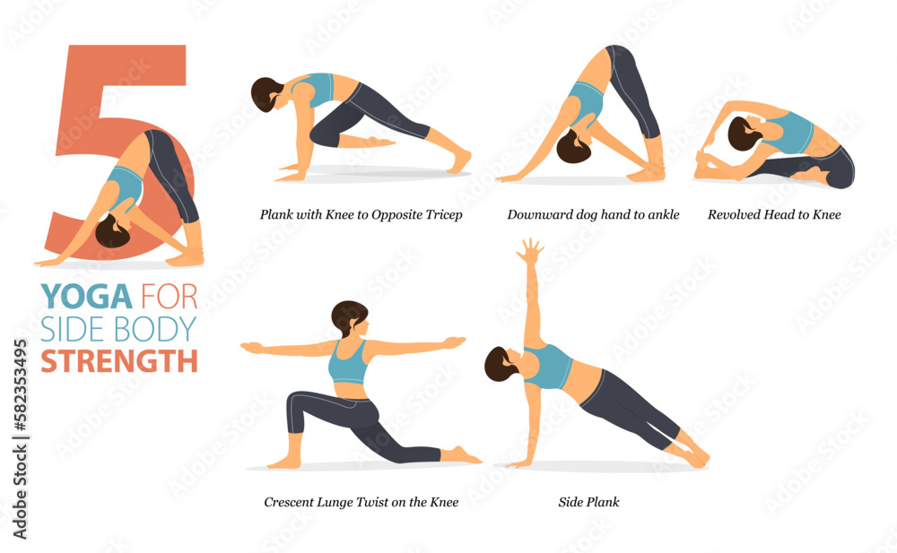 5 Yoga poses or asana posture for workout in side body strength concept ...