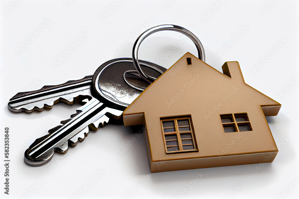 House keys with house shaped keychain, isolated on white background ...