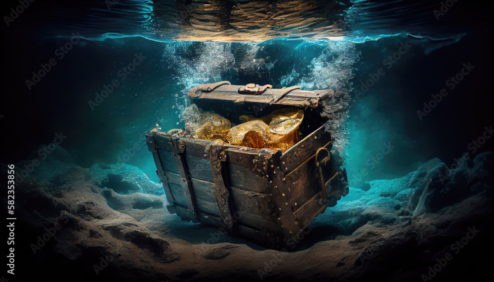 Open treasure chest sunken at the bottom of the sea with Generative AI ...