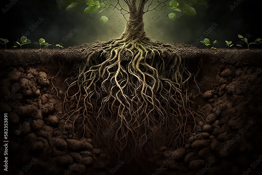 Roots Of A Growing Plant In Soil, Layers Of Soil Cros, Spring Season ...