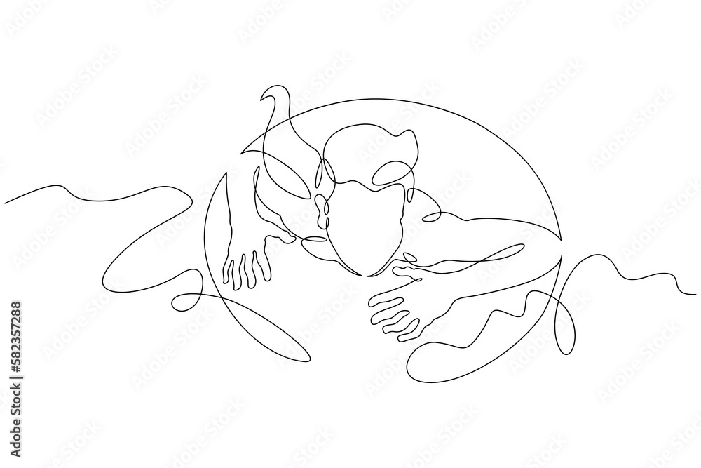 One continuous line. Girl with an inflatable circle. Bathing. Little ...