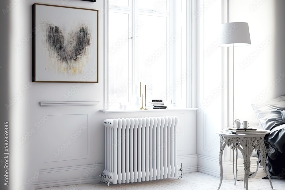 white heating radiator on white wall near the window with chest of ...