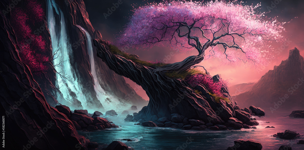 Spring cherry tree with delicate pink blossoms and petals growing on ...